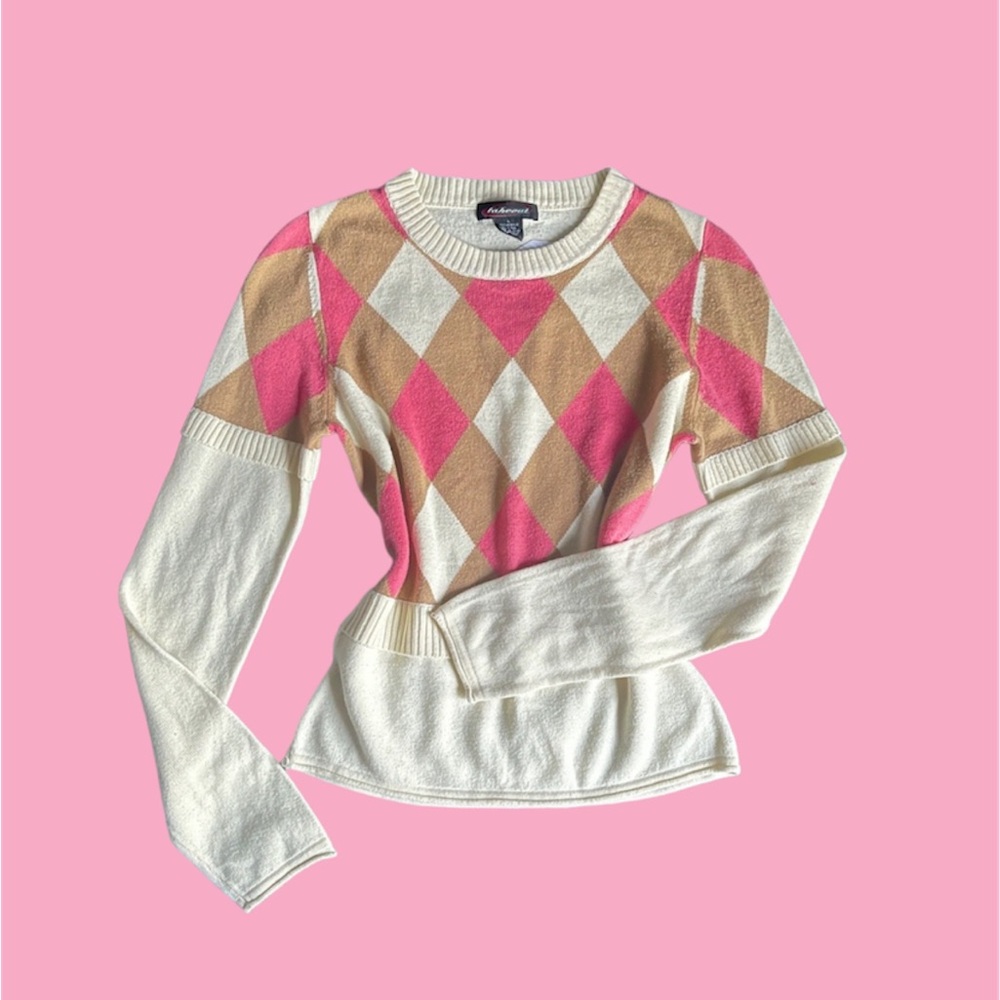 Y2k Kawaii Preppy Academia Argyle Print Pink Cream Cr… - Gem